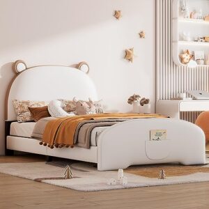 Harper & Bright Designs Upholstered Kids Bed Frame with Bear Shape Headboard, PU Upholstered Twin Size Platform Bed with Slat Supports, Cute Kids Bed for Boys Girls (Twin,White+Brown)