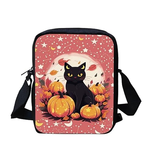 TSVAGA Halloween Messenger Bag Small Cross Body Purse Satchel Kids Schoolbag Travel Fashion Shoulder Bag for Boys Girls Sling Bag, Pink Black Cat Pumpkin