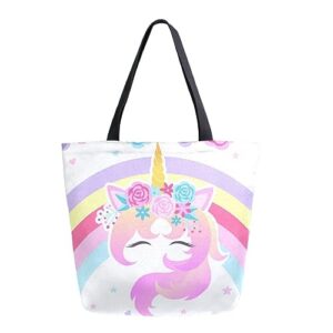 naanle canvas tote bag large women casual shoulder bag handbag rainbow unicorn floral canvas tote bag reusable grocery shopping cloth bags beach bag for women