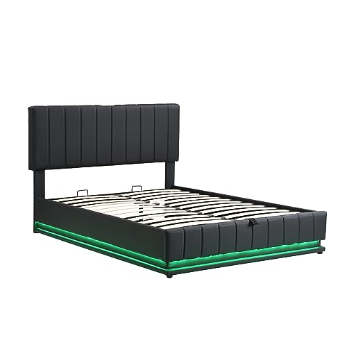 SIYSNKSI Full Size Upholstered Bed with Hydraulic Storage System and LED Light, PU Leather Upholstered Platform Bed Frame with Adjustable Headboard and USB Ports for Kids Teens Adult Bedroom