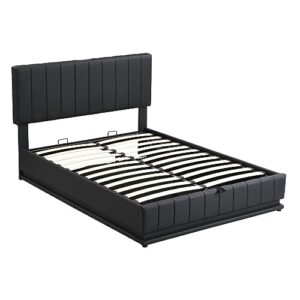 SIYSNKSI Full Size Upholstered Bed with Hydraulic Storage System and LED Light, PU Leather Upholstered Platform Bed Frame with Adjustable Headboard and USB Ports for Kids Teens Adult Bedroom