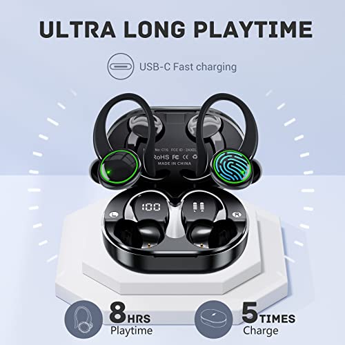 for Samsung Galaxy A03s Wireless Earbuds Bluetooth Headphones 48hrs Play Back Sport Earphones with LED Display Over-Ear Buds with Earhooks Built-in Mic - Black