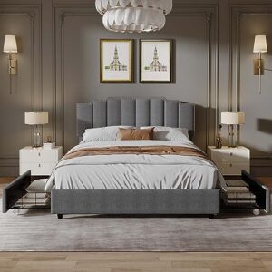 queen size linen upholstered platform bed frame with 2 big drawers, modern rivets design platform bed with stitched padded headboard & wood slats support for bedroom, no box spring needed (grey)