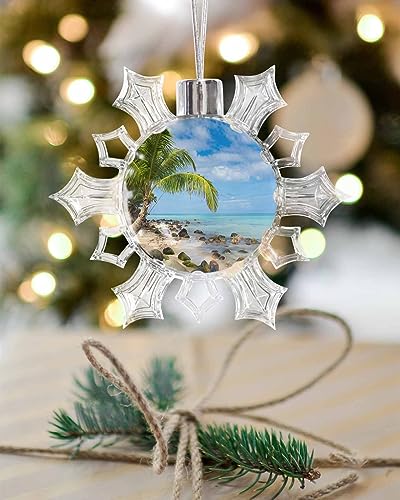 Christmas Snowflake Hanging Ornaments,Palm Tree Beach Sea Cloud Blue Sky Island Reef Stone Round Decorative Ornaments for Xmas Tree Home Party Holiday Decoration Supplies 3.3in，1 Piece