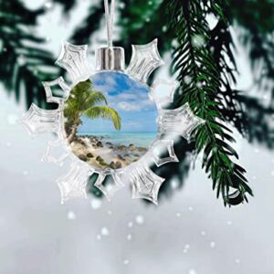 Christmas Snowflake Hanging Ornaments,Palm Tree Beach Sea Cloud Blue Sky Island Reef Stone Round Decorative Ornaments for Xmas Tree Home Party Holiday Decoration Supplies 3.3in，1 Piece