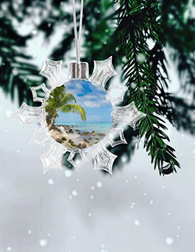 Christmas Snowflake Hanging Ornaments,Palm Tree Beach Sea Cloud Blue Sky Island Reef Stone Round Decorative Ornaments for Xmas Tree Home Party Holiday Decoration Supplies 3.3in，1 Piece