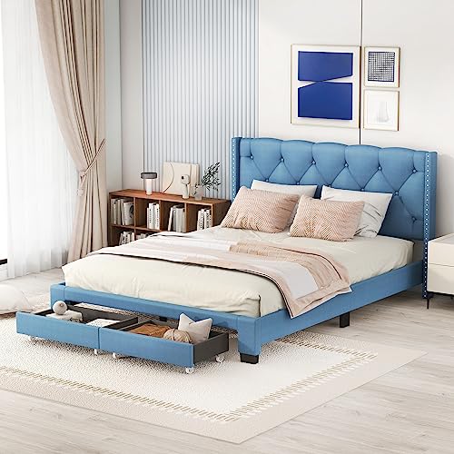 Queen Platform Bed with Headboard,Upholstered Linen Wood Bed Frame with Two Storage Drawers for Kids Girls Boys Teens Adults, No Box Spring Needed(Blue)