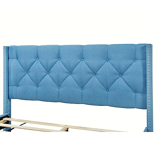 Queen Platform Bed with Headboard,Upholstered Linen Wood Bed Frame with Two Storage Drawers for Kids Girls Boys Teens Adults, No Box Spring Needed(Blue)