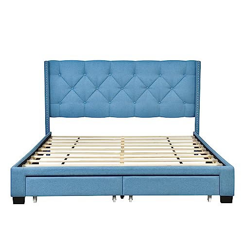 Queen Platform Bed with Headboard,Upholstered Linen Wood Bed Frame with Two Storage Drawers for Kids Girls Boys Teens Adults, No Box Spring Needed(Blue)