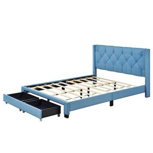 Queen Platform Bed with Headboard,Upholstered Linen Wood Bed Frame with Two Storage Drawers for Kids Girls Boys Teens Adults, No Box Spring Needed(Blue)