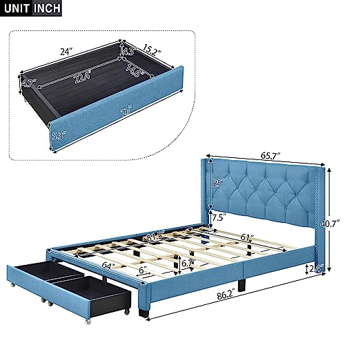 Queen Platform Bed with Headboard,Upholstered Linen Wood Bed Frame with Two Storage Drawers for Kids Girls Boys Teens Adults, No Box Spring Needed(Blue)