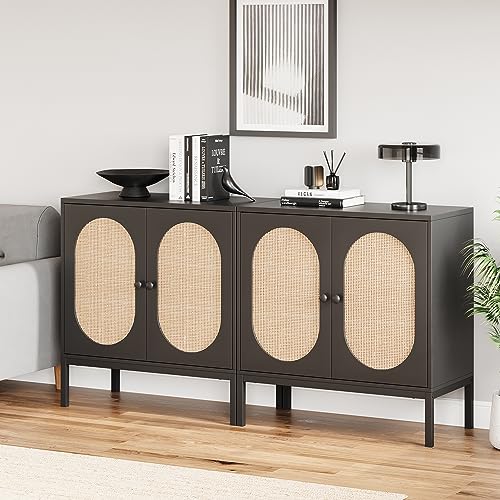 IDEALHOUSE Buffet Cabinet, Rattan Storage Cabinet with Doors and Shelves, Accent Cabinet Sideboard, Wood Console Cabinet with Storage Entryway Cabinet for Living Room, Dining Room, Hallway (Black)