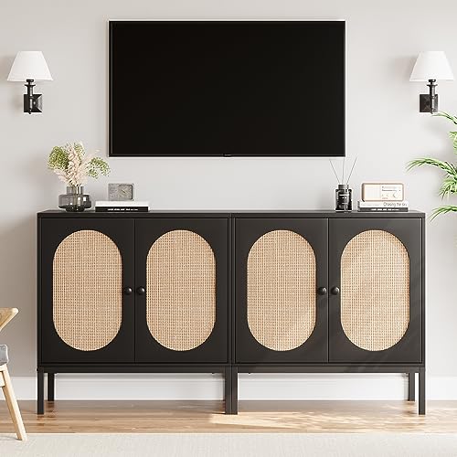 IDEALHOUSE Buffet Cabinet, Rattan Storage Cabinet with Doors and Shelves, Accent Cabinet Sideboard, Wood Console Cabinet with Storage Entryway Cabinet for Living Room, Dining Room, Hallway (Black)