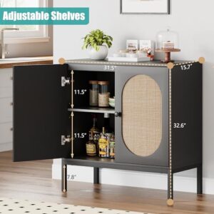 IDEALHOUSE Buffet Cabinet, Rattan Storage Cabinet with Doors and Shelves, Accent Cabinet Sideboard, Wood Console Cabinet with Storage Entryway Cabinet for Living Room, Dining Room, Hallway (Black)