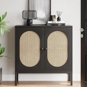 IDEALHOUSE Buffet Cabinet, Rattan Storage Cabinet with Doors and Shelves, Accent Cabinet Sideboard, Wood Console Cabinet with Storage Entryway Cabinet for Living Room, Dining Room, Hallway (Black)