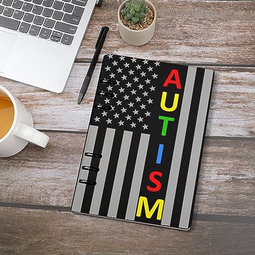 Autism Awareness Puzzle USA Flag Notebook Cover 6-Ring Binder Portable Planner Book Loose-Leaf Cover for Home Office