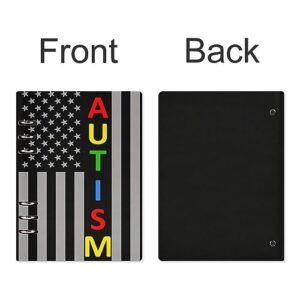 Autism Awareness Puzzle USA Flag Notebook Cover 6-Ring Binder Portable Planner Book Loose-Leaf Cover for Home Office