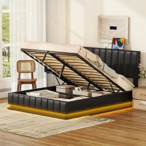 yswh queen size upholstered platform bed, wood storage bed frame with hydraulic storage system, led lights, sockets and usb ports, kids adults bedroom furniture platform versatility bed (black)