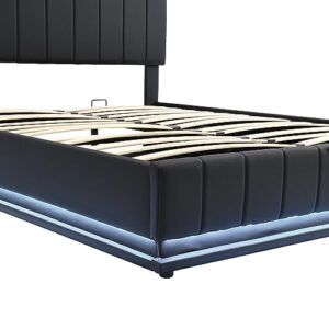 YSWH Queen Size Upholstered Platform Bed, Wood Storage Bed Frame with Hydraulic Storage System, LED Lights, Sockets and USB Ports, Kids Adults Bedroom Furniture Platform Versatility Bed (Black)