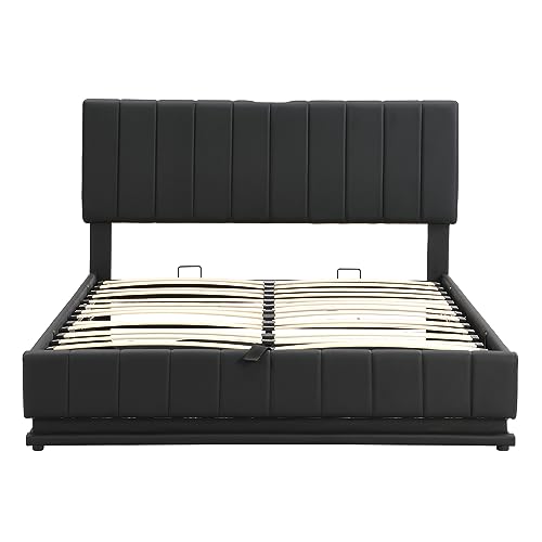 YSWH Queen Size Upholstered Platform Bed, Wood Storage Bed Frame with Hydraulic Storage System, LED Lights, Sockets and USB Ports, Kids Adults Bedroom Furniture Platform Versatility Bed (Black)