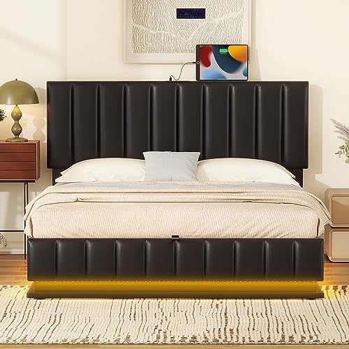 YSWH Queen Size Upholstered Platform Bed, Wood Storage Bed Frame with Hydraulic Storage System, LED Lights, Sockets and USB Ports, Kids Adults Bedroom Furniture Platform Versatility Bed (Black)