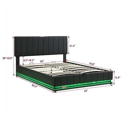 YSWH Queen Size Upholstered Platform Bed, Wood Storage Bed Frame with Hydraulic Storage System, LED Lights, Sockets and USB Ports, Kids Adults Bedroom Furniture Platform Versatility Bed (Black)