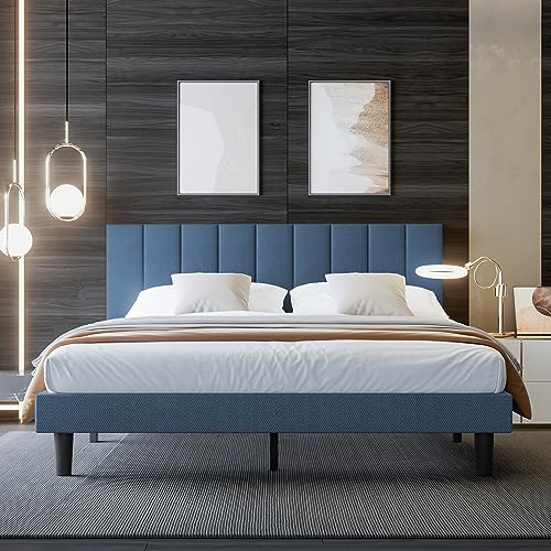 yoyomax Queen Size Upholstered Bed Frame Platform with Linen Fabric Headboard and Strong Wooden Slats Support, Non-Slip & Noise-Free, Easy Assembly, No Box Spring Needed, Blue