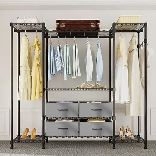 Wekity Wire Garment Rack Heavy Duty Clothes Rack，Closet Organizer Metal Garment Rack Portable Clothes Hanger Home Shelf Fabric Drawers，Freestanding Closet Wardrobe (Black)