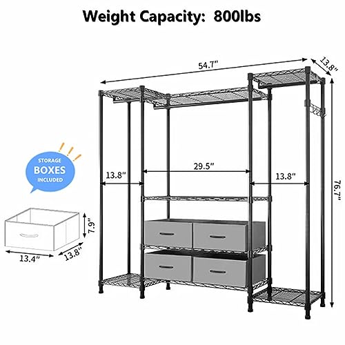 Wekity Wire Garment Rack Heavy Duty Clothes Rack，Closet Organizer Metal Garment Rack Portable Clothes Hanger Home Shelf Fabric Drawers，Freestanding Closet Wardrobe (Black)