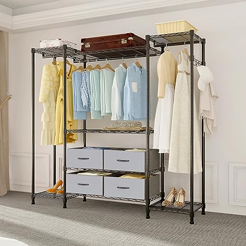 Wekity Wire Garment Rack Heavy Duty Clothes Rack，Closet Organizer Metal Garment Rack Portable Clothes Hanger Home Shelf Fabric Drawers，Freestanding Closet Wardrobe (Black)