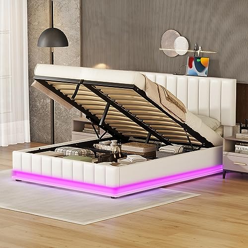 CJLMN Upholstered Platform Bed Versatility Bed, Queen Size Wood Bed Frame with Hydraulic Storage System, LED Lights, Sockets and USB Ports, Kids Adults Bedroom Furniture Storage Bed (White Bed)