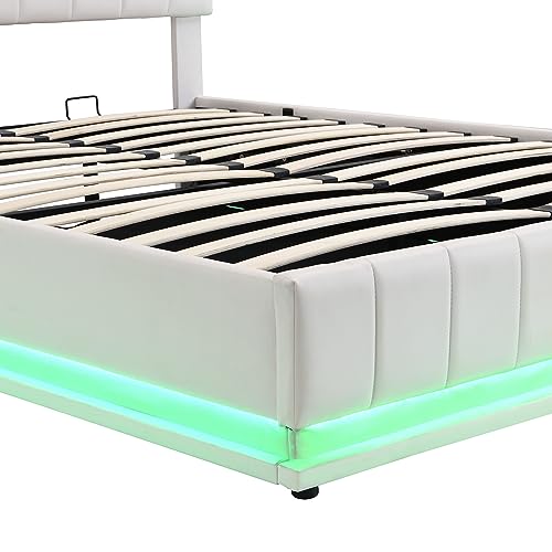 CJLMN Upholstered Platform Bed Versatility Bed, Queen Size Wood Bed Frame with Hydraulic Storage System, LED Lights, Sockets and USB Ports, Kids Adults Bedroom Furniture Storage Bed (White Bed)