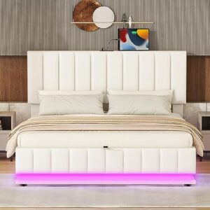 CJLMN Upholstered Platform Bed Versatility Bed, Queen Size Wood Bed Frame with Hydraulic Storage System, LED Lights, Sockets and USB Ports, Kids Adults Bedroom Furniture Storage Bed (White Bed)