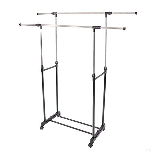 QXDRAGON Double Rod Portable Clothing Hanging Garment Rack with Wheels and Bottom Shelf, Extendable