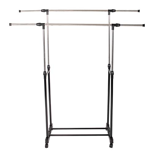 QXDRAGON Double Rod Portable Clothing Hanging Garment Rack with Wheels and Bottom Shelf, Extendable