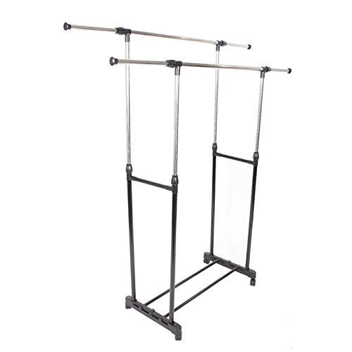 QXDRAGON Double Rod Portable Clothing Hanging Garment Rack with Wheels and Bottom Shelf, Extendable