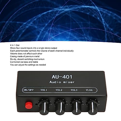 Audio Mixer,Sound Mixer,Stereo Mixer,4 in 1 Out Stereo Mixer,4 in 1 Out Independent Volume Control 3.5mm Mini Sound Mixer,Long-Range Connectivity,for Headphone Amplifier PC,Black