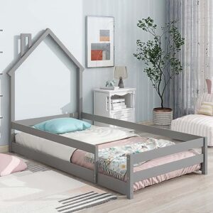 Twin Size Montessori Wood Floor Bed with House-Shaped Headboard and Fences, Full Platform Bed for Kids,Girls,Boys, Low to Ground Height, No Box Spring Needed (Grey)