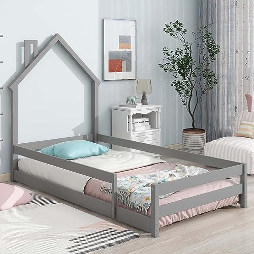 Twin Size Montessori Wood Floor Bed with House-Shaped Headboard and Fences, Full Platform Bed for Kids,Girls,Boys, Low to Ground Height, No Box Spring Needed (Grey)