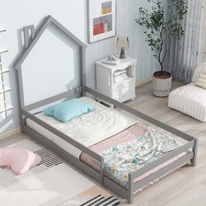 Twin Size Montessori Wood Floor Bed with House-Shaped Headboard and Fences, Full Platform Bed for Kids,Girls,Boys, Low to Ground Height, No Box Spring Needed (Grey)