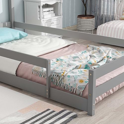 Twin Size Montessori Wood Floor Bed with House-Shaped Headboard and Fences, Full Platform Bed for Kids,Girls,Boys, Low to Ground Height, No Box Spring Needed (Grey)