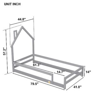 Twin Size Montessori Wood Floor Bed with House-Shaped Headboard and Fences, Full Platform Bed for Kids,Girls,Boys, Low to Ground Height, No Box Spring Needed (Grey)