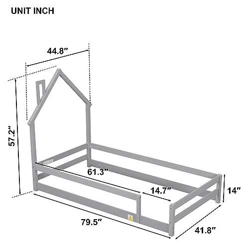 Twin Size Montessori Wood Floor Bed with House-Shaped Headboard and Fences, Full Platform Bed for Kids,Girls,Boys, Low to Ground Height, No Box Spring Needed (Grey)