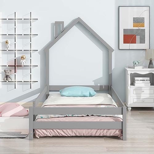 Twin Size Montessori Wood Floor Bed with House-Shaped Headboard and Fences, Full Platform Bed for Kids,Girls,Boys, Low to Ground Height, No Box Spring Needed (Grey)