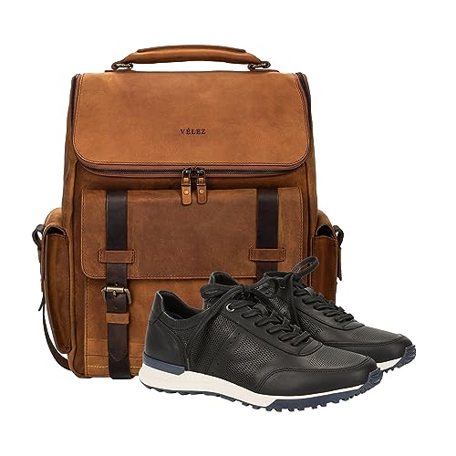 VELEZ 11 Mens Black Business Casual Sneakers + Top Grain Leather Backpack for Men Brown Designer Bookbag Business Casual Shoulder Bag