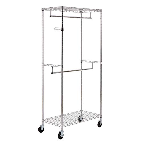 COOBL 2-Tier Heavy Duty Rolling Garment Rack,Wire Shelving Clothes Rack for Clothing,Storage with Double Rods,Lockable Wheels (Silver)