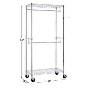 COOBL 2-Tier Heavy Duty Rolling Garment Rack,Wire Shelving Clothes Rack for Clothing,Storage with Double Rods,Lockable Wheels (Silver)