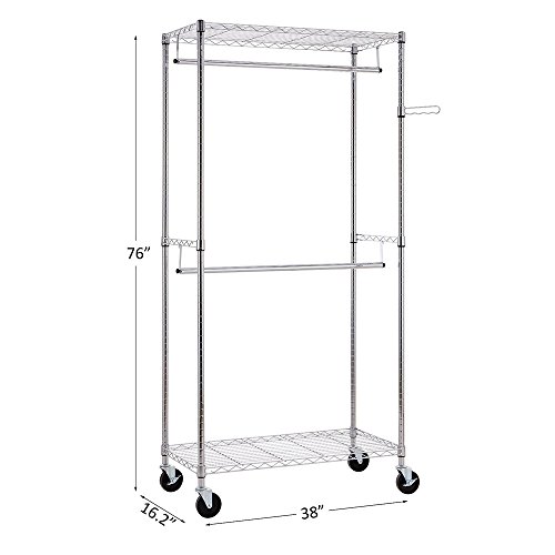 COOBL 2-Tier Heavy Duty Rolling Garment Rack,Wire Shelving Clothes Rack for Clothing,Storage with Double Rods,Lockable Wheels (Silver)