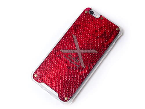 Luxurious Genuine Varnished Python Pattern Leather Case for iPhone. Engraved and Laser-Cut with 5 Bronze Rivets.- F036 (iPhone XR, Varnished Red Python)