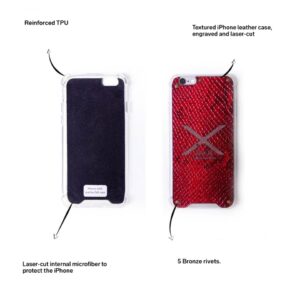 Luxurious Genuine Varnished Python Pattern Leather Case for iPhone. Engraved and Laser-Cut with 5 Bronze Rivets.- F036 (iPhone XR, Varnished Red Python)